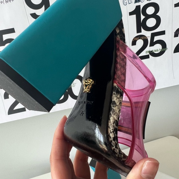 Versace | Shoes | Versace Ss9 Runway Pink Pvc 9s Logo Square Toe Block ...